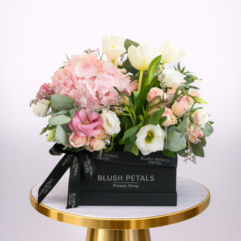 Best Wishes Box – Pink Hydrangea & White Tulip Congratulations Flowers ...
